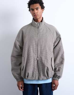 Topman funnel neck check track jacket in brown | ASOS
