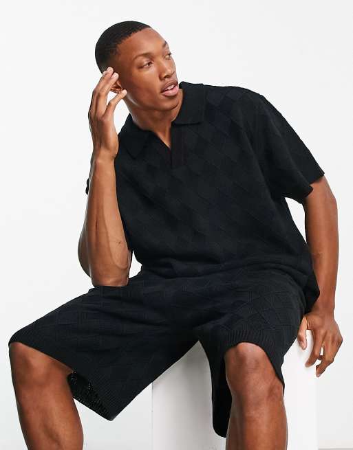 Topman jacquard knit camp collar polo in black - part of a set | ASOS