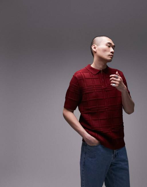 Topman knitted check zip polo in burgundy | ASOS