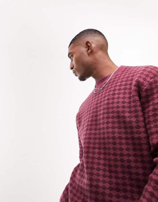 Topman knitted jumper with all over diamond geo in burgundy | ASOS
