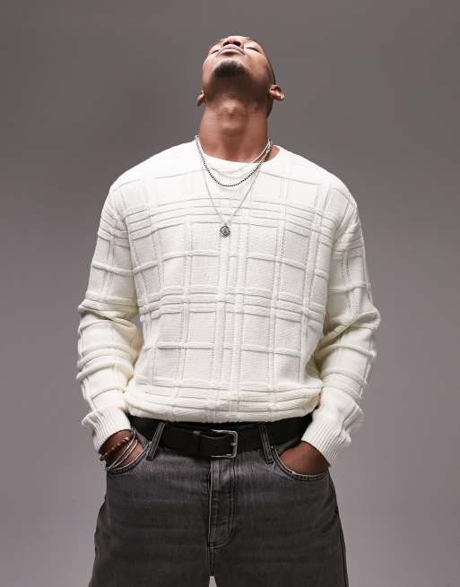 Topman Knitted Jumper With Textured Check In Ecru Asos