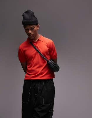 Topman knitted pointelle snap button polo in red | ASOS
