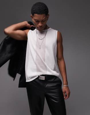 Topman knitted sheer singlet with stripe in white | ASOS