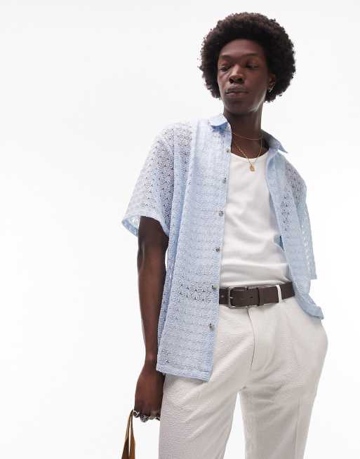 Topman Kurzärmliges Hemd Aus Blauer Spitze Mit Lockerem Schnitt Und
