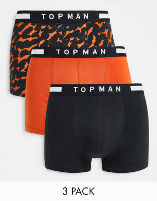 Topman leopard print trunks in orange and black 3pk | ASOS