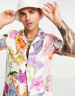 Topman Linen Shirt With Greek Floral Print In White | ModeSens