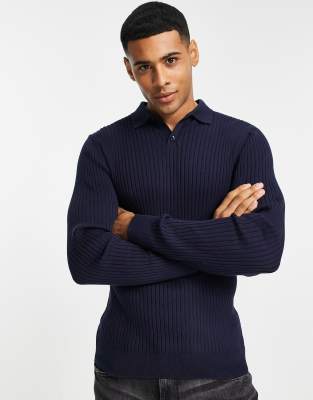 Topman long sleeve ribbed polo in navy | ASOS