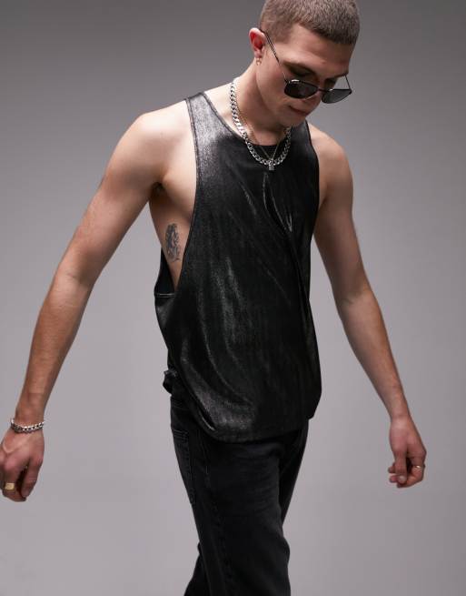 Topman metallic drape tank top in black | ASOS