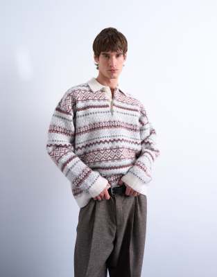 Topman – Naturvit, randstickad pikétröja i regular fit med fair isle ...