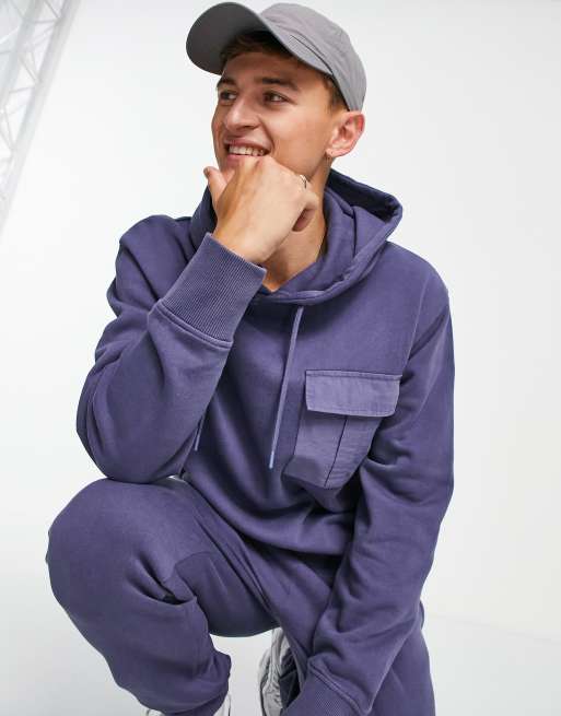 Topman Oversize Kapuzenpullover In Marineblau Mit Cargo Tasche