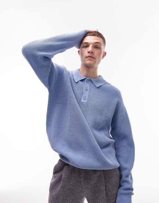 Topman oversize long sleeve knitted polo in blue | ASOS