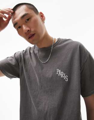 Topman oversized fit t-shirt with Paris embroidery in washed black | ASOS