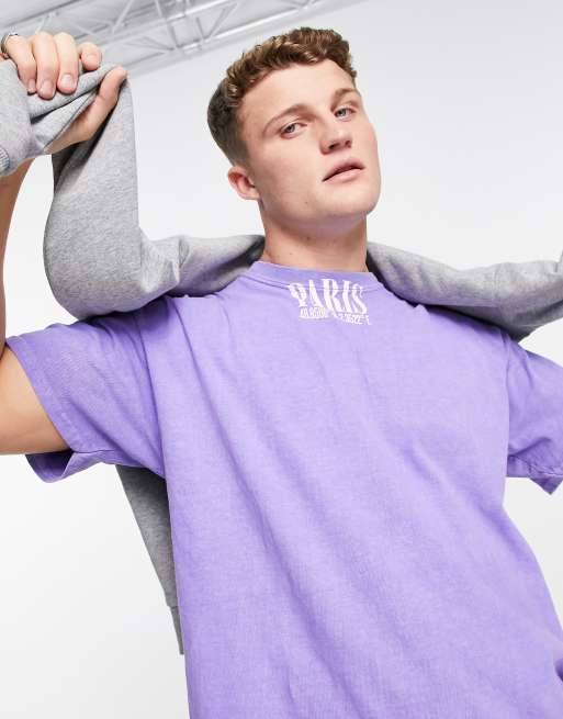 Topman Oversized Fit T Shirt With Paris Neck Print In Lilac Asos