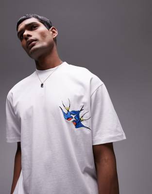 Topman oversized fit t-shirt with tattoo swallow embroidery in white | ASOS