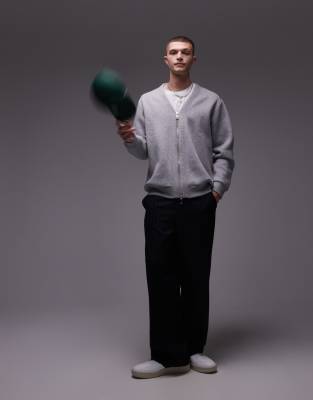 Topman oversized fit v neck zip through in grey marl | ASOS