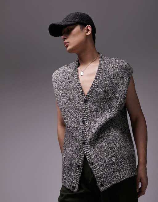 Topman oversized knit button up vest in gray heather | ASOS