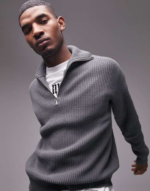 Topman oversized knitted funnel neck jumper in grey | ASOS