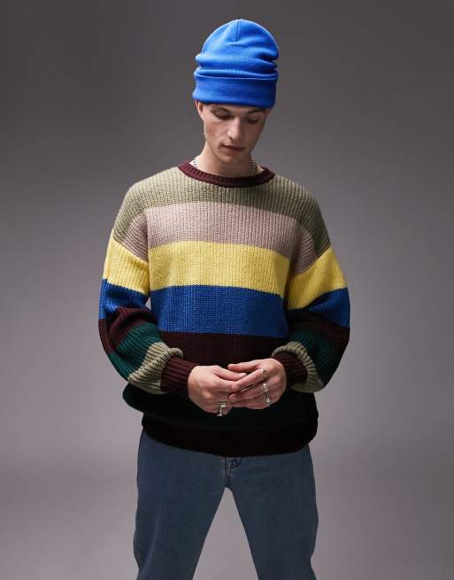 Topman oversized knitted sweater with large stripe in multi | ASOS