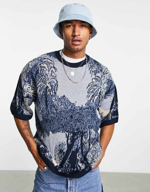 Topman oversized knitted t-shirt with all over print in navy | ASOS