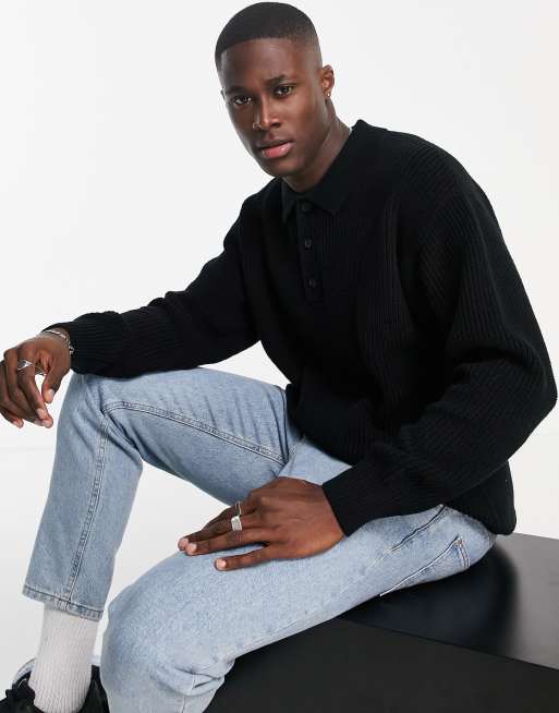 Topman oversized long sleeve knitted polo in black | ASOS