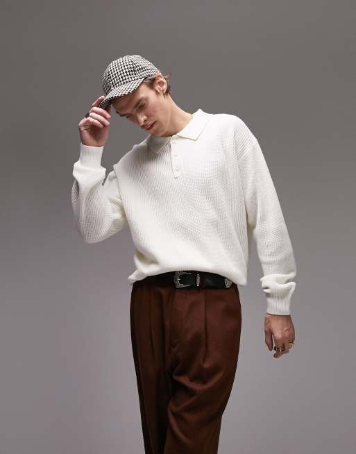 Topman oversized long sleeve knitted polo in ecru | ASOS