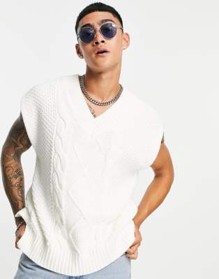 Topman oversized v-neck cable knit tank top in ecru | ASOS
