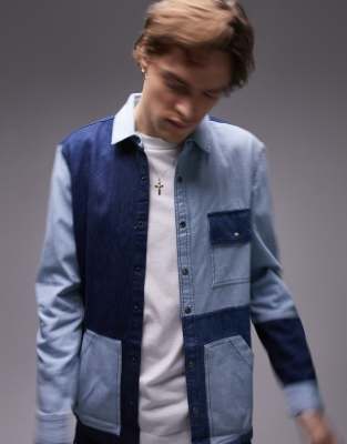 Topman patchwork overshirt in denim blues | ASOS