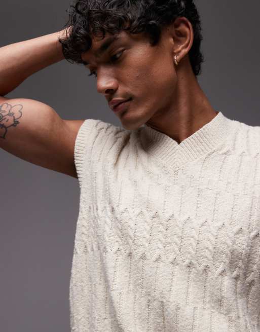 Topman relaxed fit cable knit tank top in stone | ASOS