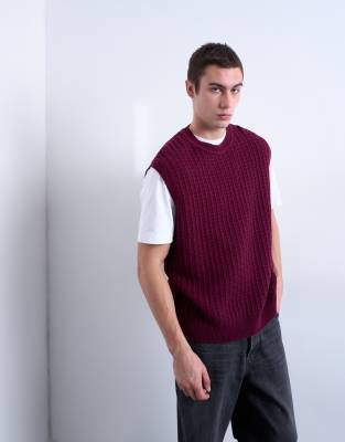 Topman relaxed fit knitted cable tank top in burgundy | ASOS