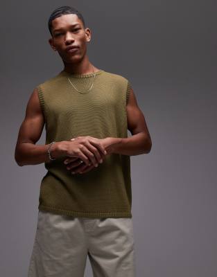 Topman relaxed fit knitted crew neck tank top in khaki | ASOS