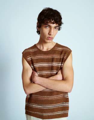Topman relaxed fit knitted crochet tank top with metallic yarn in brown ...