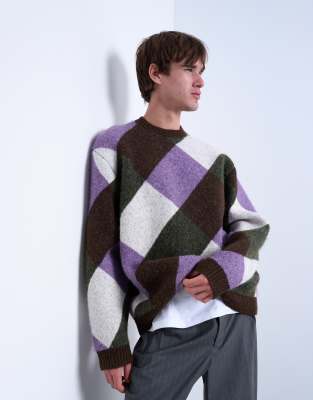 Topman relaxed fit knitted jumper with diamond design in brown | ASOS