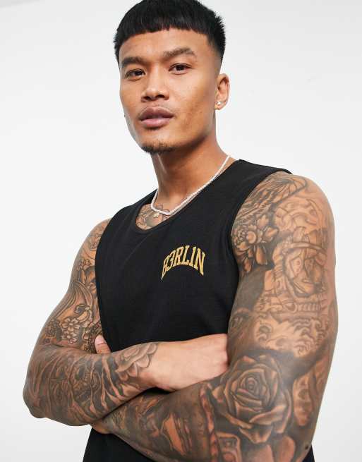 Topman relaxed textured tank top with Berlin print in black | ASOS