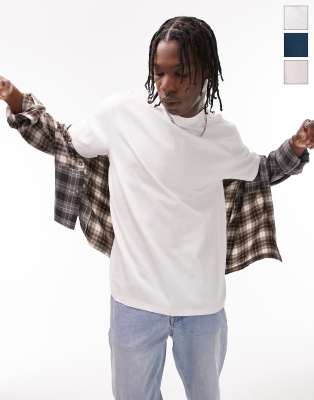 Topman - Set van 3 oversized T-shirts in wit, marineblauw en lichtgrijs ...