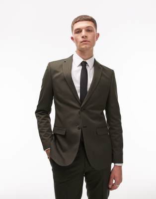 Topman skinny herringbone suit jacket in khaki | ASOS