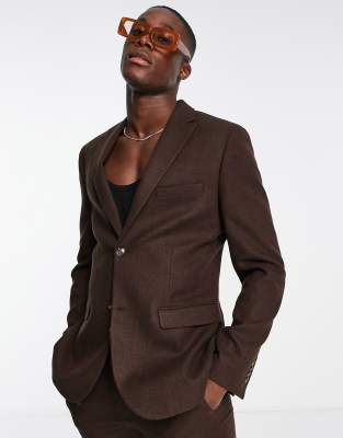 Topman skinny two button wool mix suit jacket in brown | ASOS