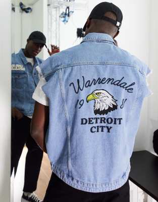 Topman Sleeveless Denim Jacket With Patches In Light Blue | ModeSens