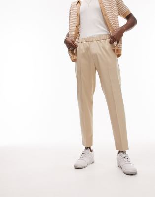 Topman smart taper pants with elasticated waistband in stone | ASOS