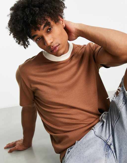 Topman textured T-shirt with contrast neck in brown | ASOS