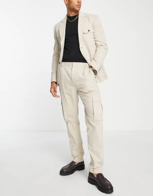 Topman utility smart cargo suit pants in ecru | ASOS