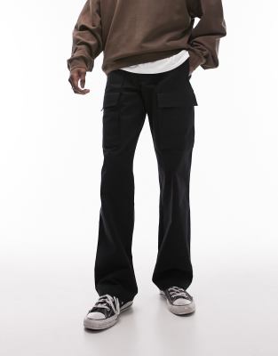 Topman wide leg stacker smart cargo pants in black | ASOS