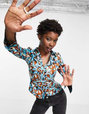 Topshop 70's swirl print ruched snap shirt in blue | ASOS
