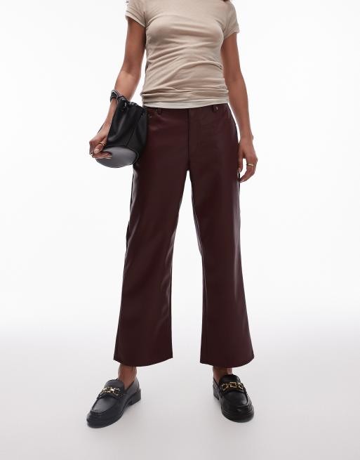 Topshop ankle grazer straight leg faux leather trouser in burgundy ASOS