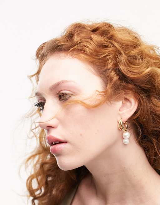 Topshop asymetric pearl drop double hoops in gold | ASOS