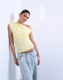 Asymmetric ruched shoulder top in buttermilk | Topshop