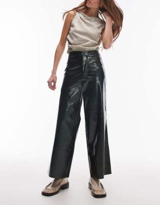 Topshop awkward length vinyl pants in khaki | ASOS