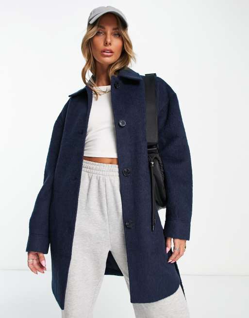 Topshop belted brushed shacket in navy | ASOS