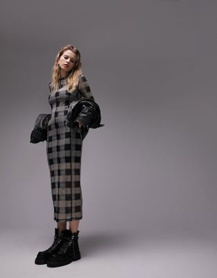 Topshop blurred check mesh midi dress with overlocked seams in gray | ASOS