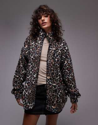 Topshop borg leopard funnel neck zip thru fleece in brown | ASOS