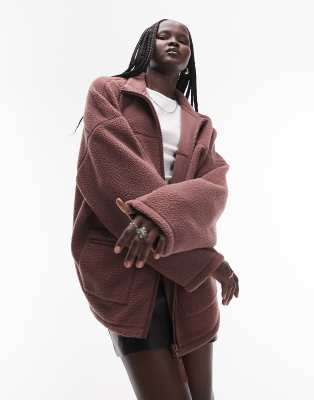 Topshop borg zip through fleece with pockets in rose taupe | ASOS